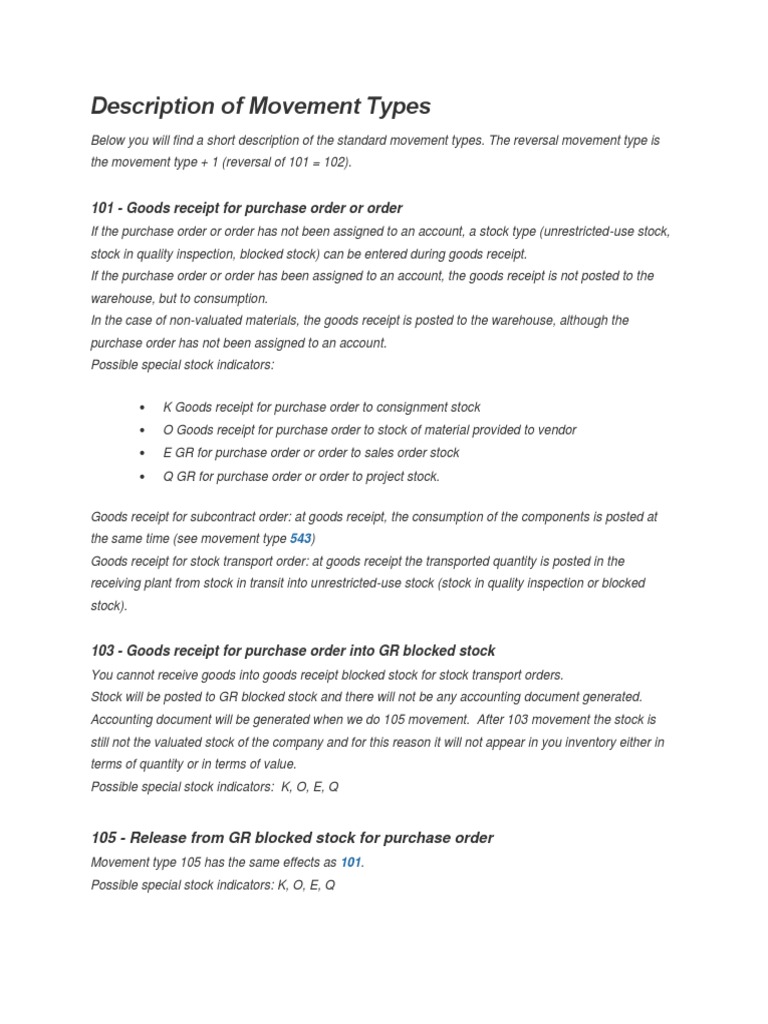 Movement Types | PDF | Warehouse | Inventory