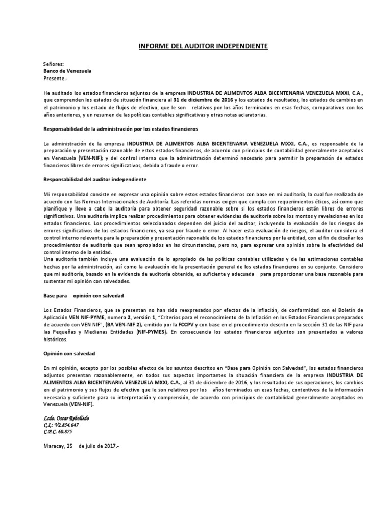 Informe Del Auditor Independiente | PDF | Auditoría financiera | Contralor