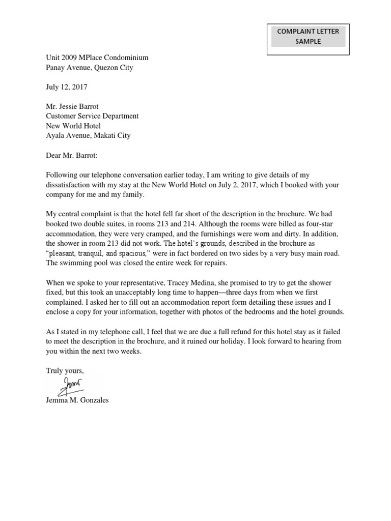 Complaint Letter | Contoh Surat Menyurat