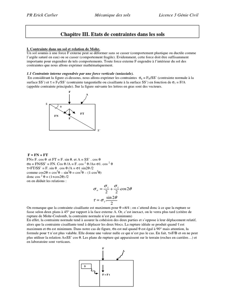 Chapitre III Etat de Contraintes Dans Les Sols | Contrainte de ...