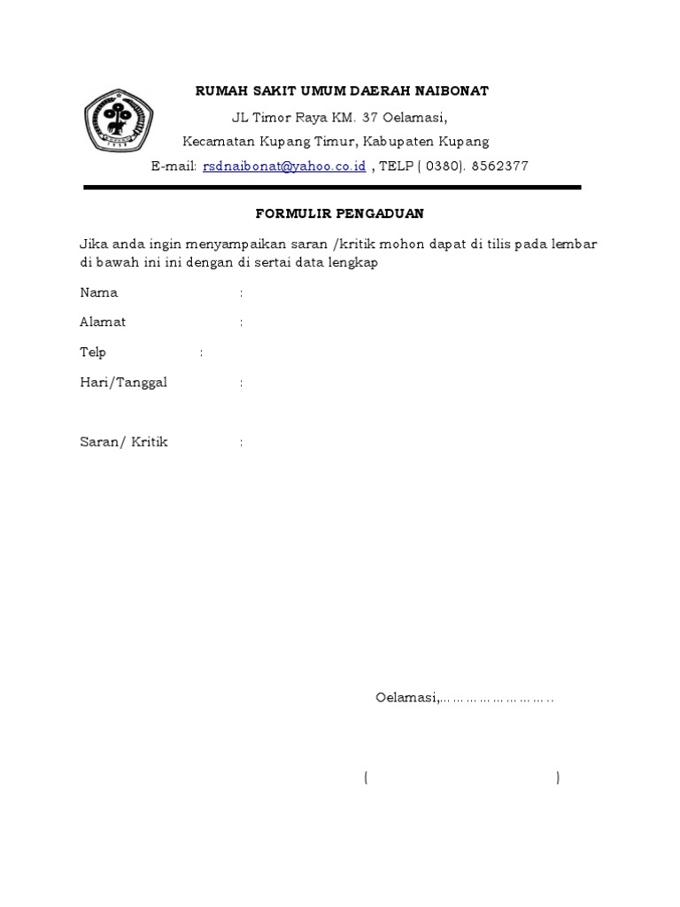 Formulir Pengaduan RSUD Naibonat | PDF