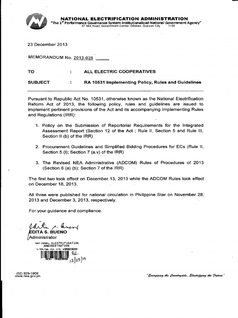 Memo 2013-028 NEA IRR RA 10531 PDF | PDF