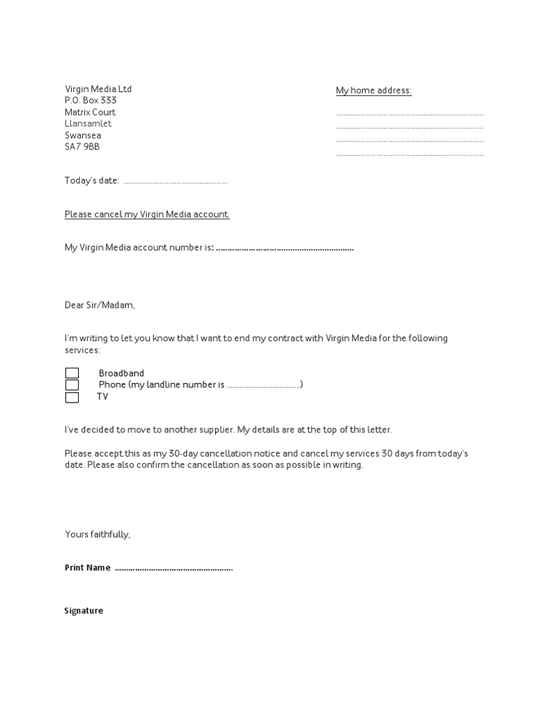 Virgin Media Cancellation Letter Template | PDF | Law