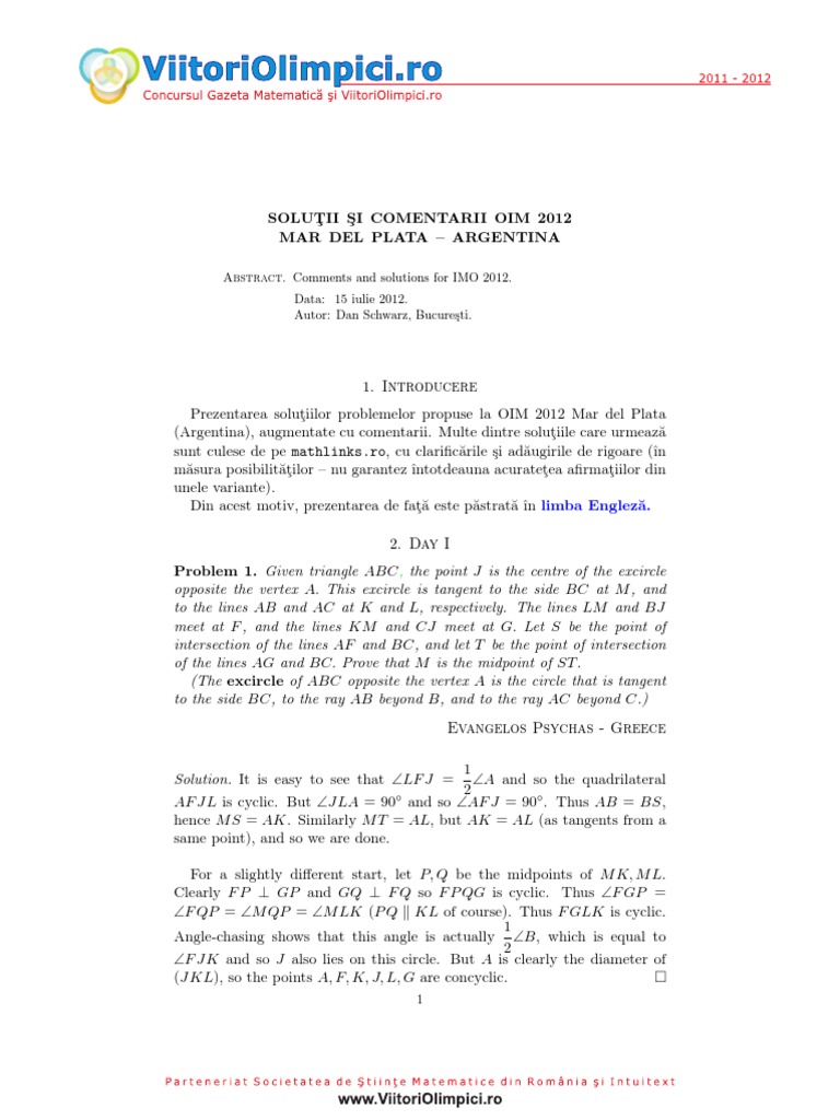 Abstract Comments And Solutions For Imo 2012 Data 15 Iulie 2012