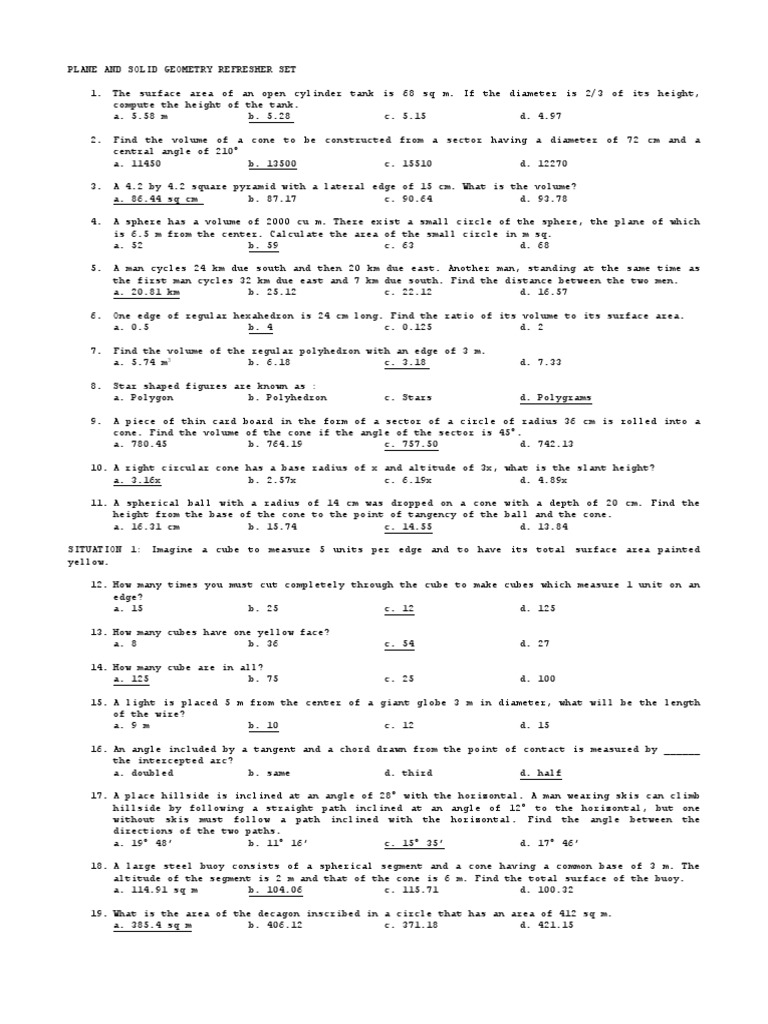 Plane and Solid Geometry Refresher Set | PDF | Area | Sphere