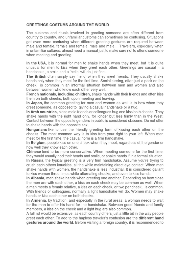 Global Greeting Customs Explained | PDF | Cultural Conventions