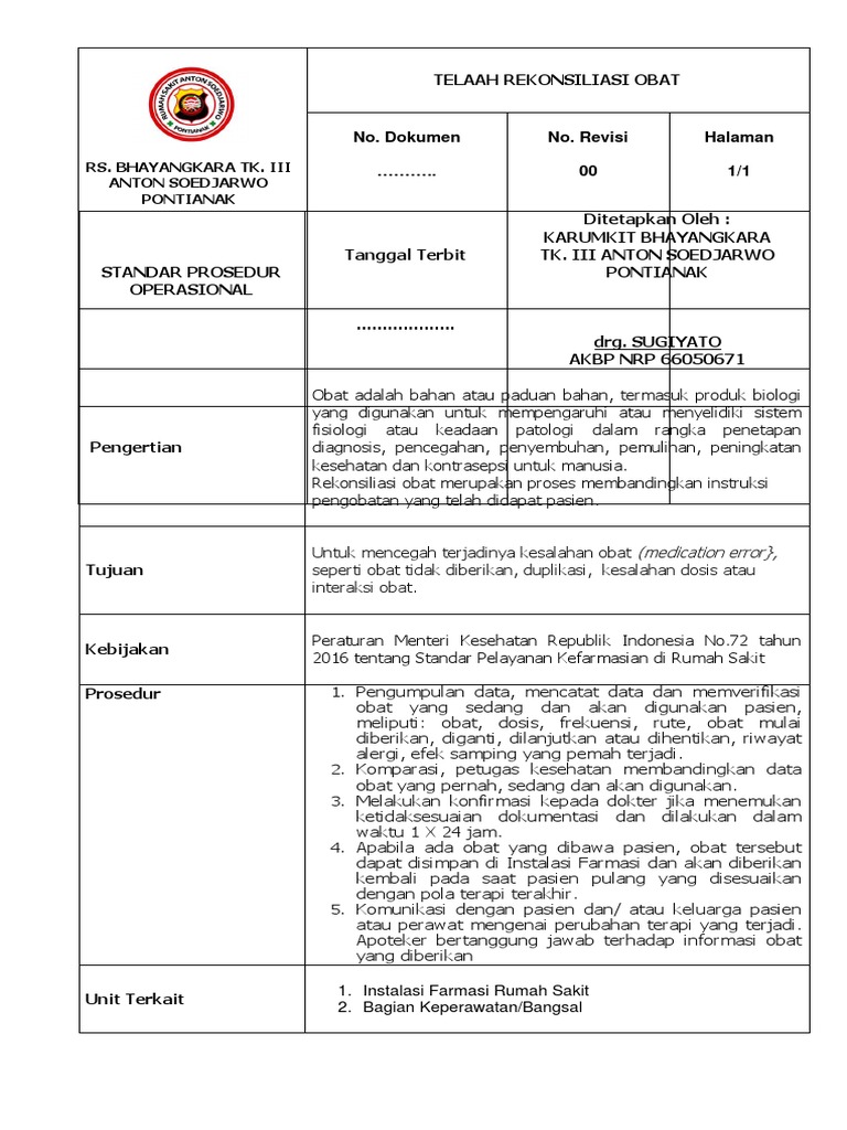 SPO Telaah Rekonsiliasi Obat | PDF