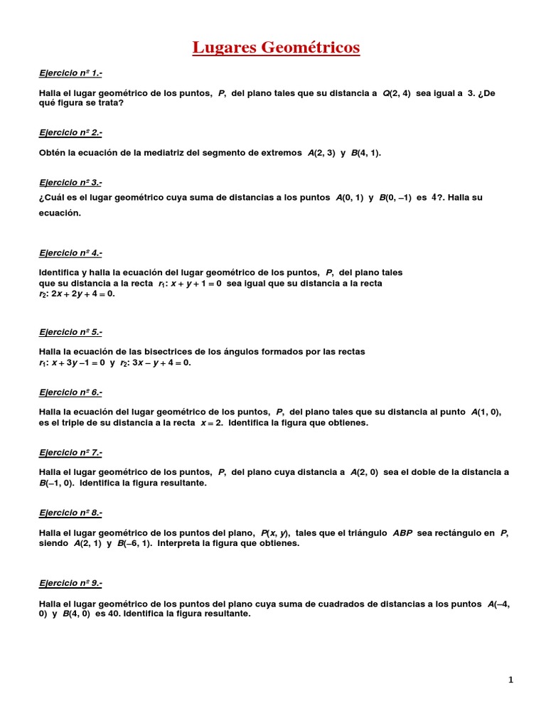 Ejercicios de Lugares Geometricos PDF | PDF | Elipse | Geometria plana)