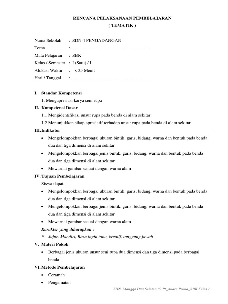 RPP Kelas 1 SBK | PDF