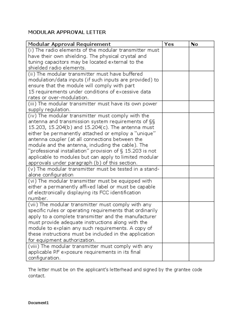 Modular Approval Letter Modular Approval Requirement Yes No | PDF