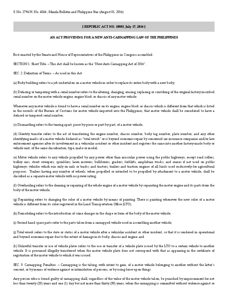 RA 10883 - New Anti-Carnapping Act of 2016 | PDF | Vehicles | Truck