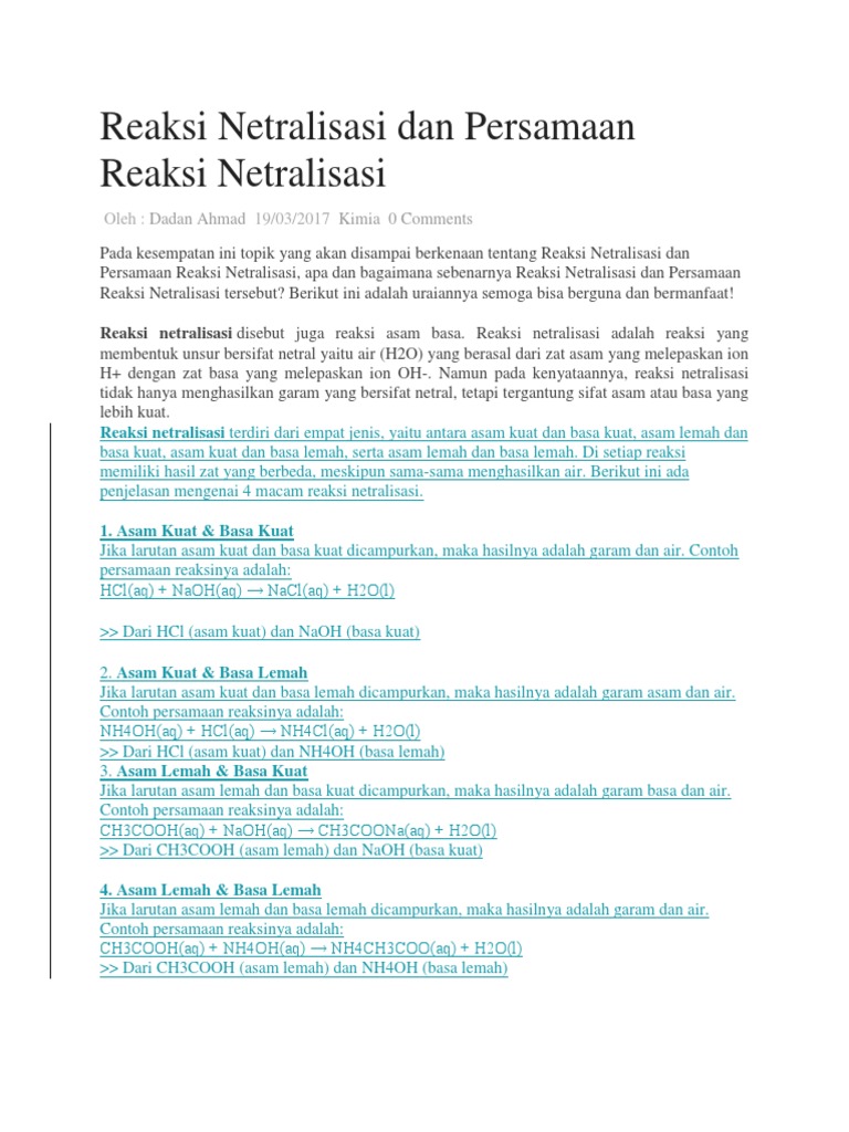 Reaksi Netralisasi Dan Persamaan Reaksi Netralisasi | PDF
