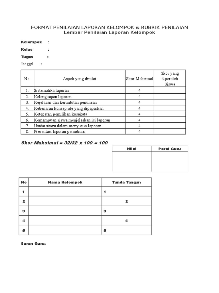 Format Penilaian Laporan Kelompok | PDF