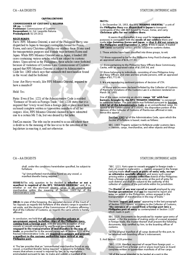 Customs Manifest Requirement for Navy Vessels | PDF | Customs | Cargo