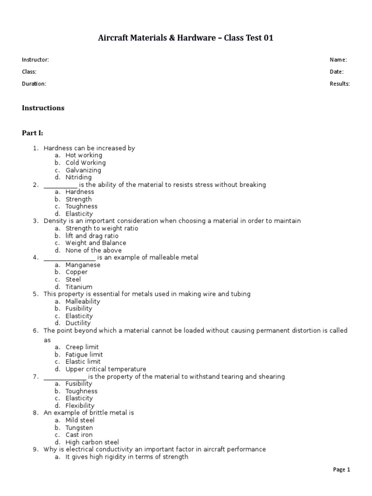 Aircraft Materials Class Test 1 & 2 | PDF | Annealing (Metallurgy ...