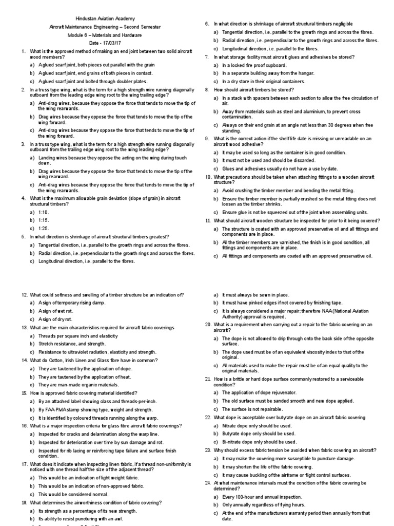 EASA Part 66 Module 6 Exam Questions | PDF | Textiles | Adhesive
