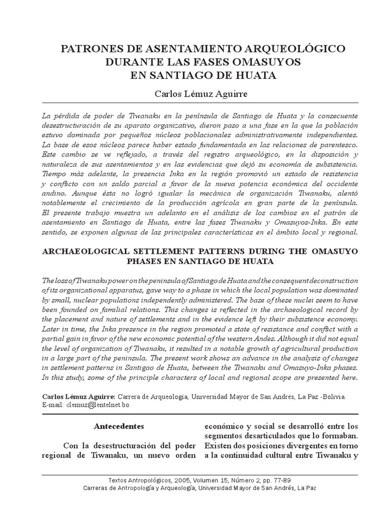 Lemuz Aguirre, Carlos. 2005. Patrones de Asentamiento Arqueológico Durante Las Fases Omasuyos en ...