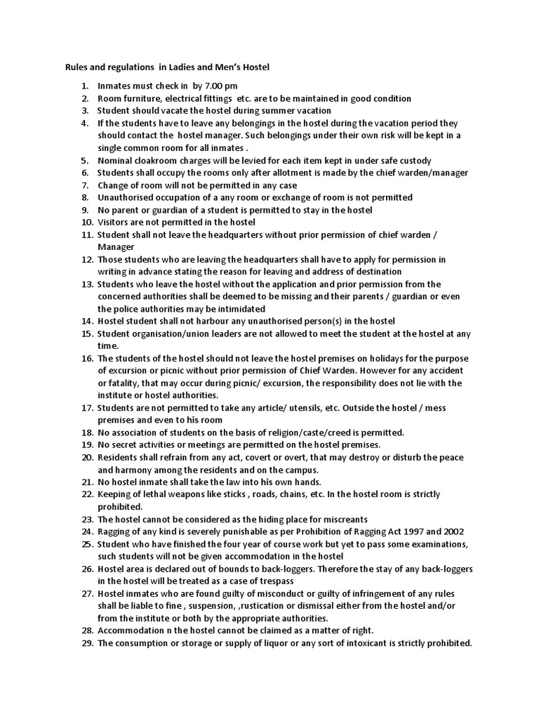 Hostel Rules and Regulations Overview | PDF | Hostel | Common Law