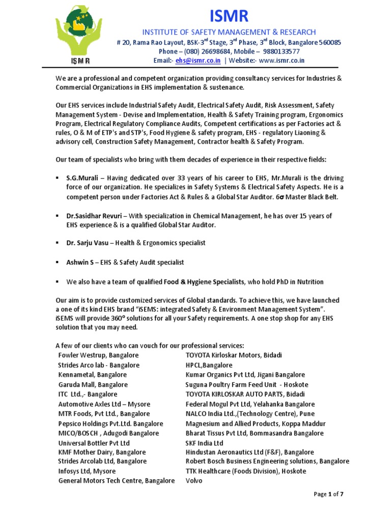 ISMR Profile | PDF | Bangalore | Occupational Safety And Health