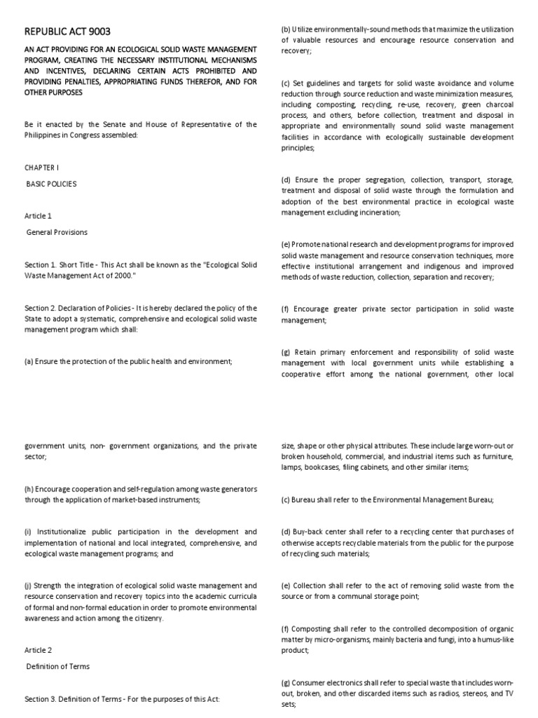 Republic Act 9003 | Waste Management | Municipal Solid Waste
