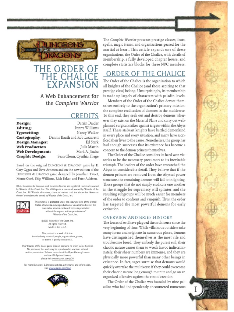D&D Complete Warrior - The Order of The Chalice Expansion 1 | PDF ...