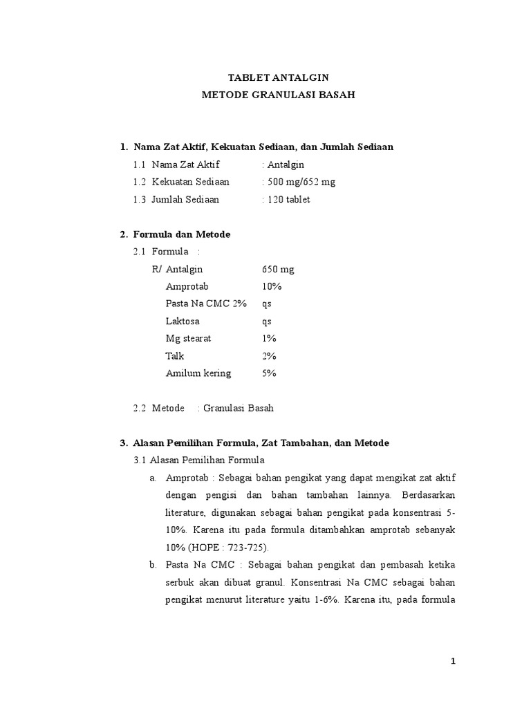 Panduan Formulasi Tablet Antalgin | PDF