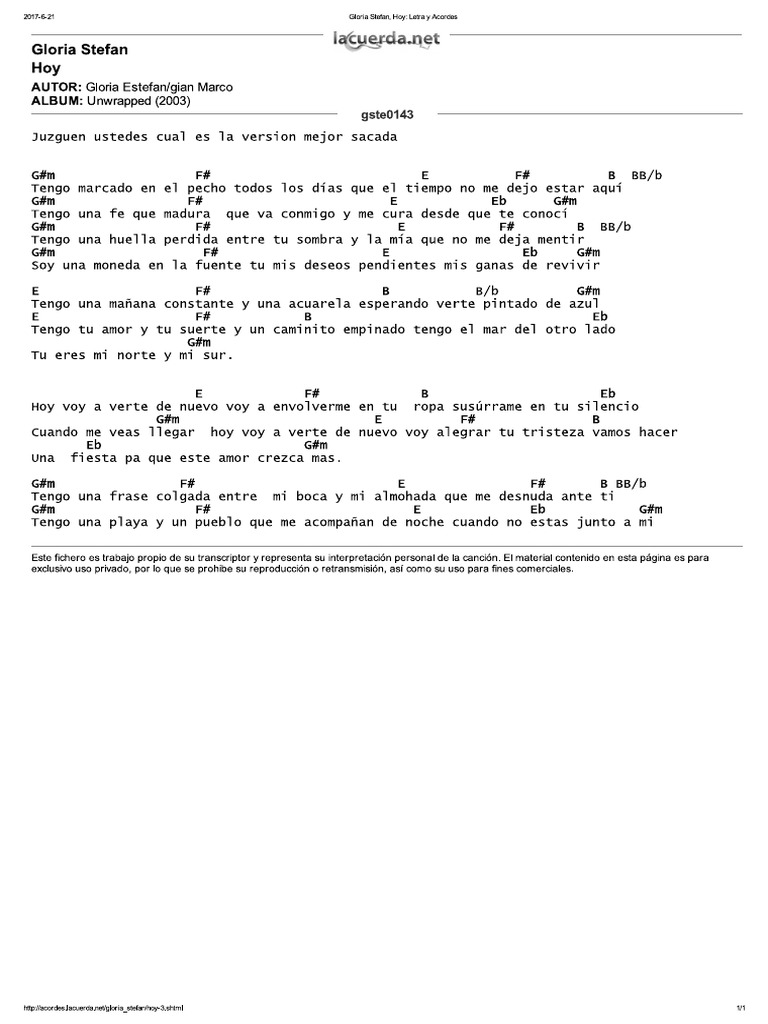Gloria Stefan, Hoy - Letra y Acordes | PDF