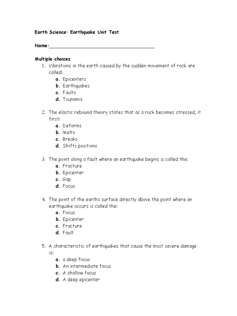 Earthquake Unit Test Questions and Answers | PDF | Earthquakes ...