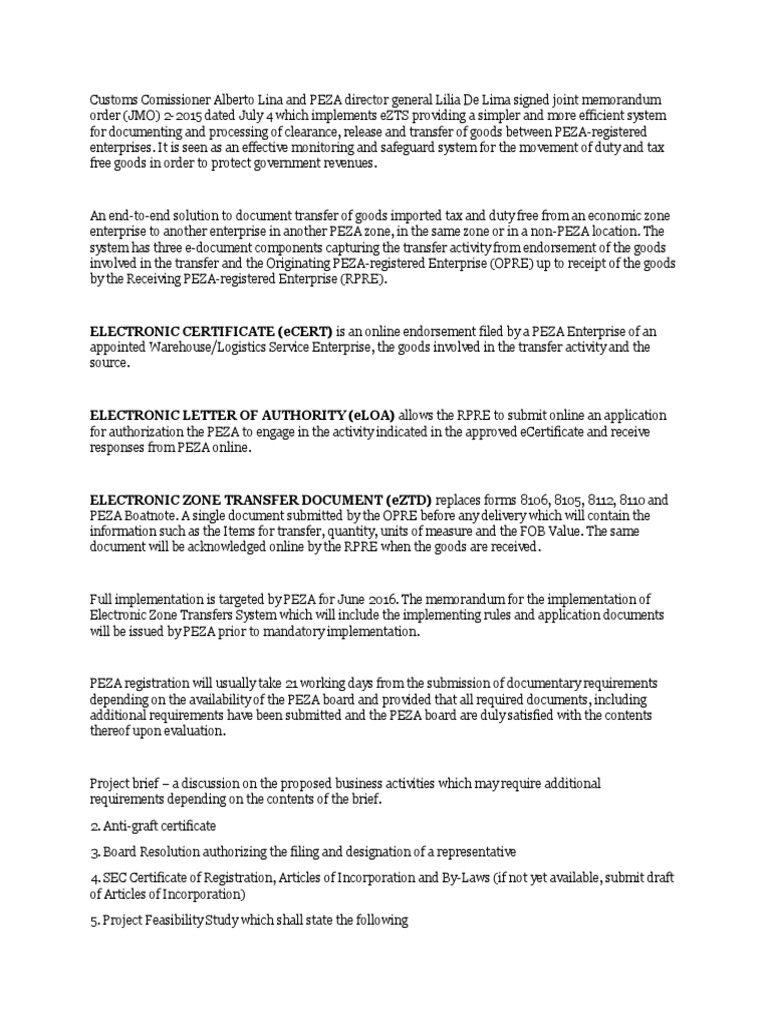 PEZA eZTS Implementation Overview | PDF | Lease | U.S. Securities And ...