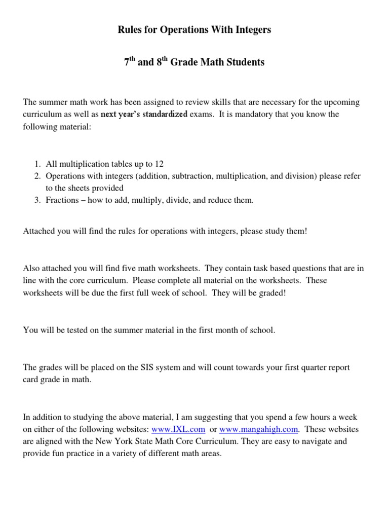 7th and 8th Grade Math Integer Rules | PDF | Division (Mathematics ...