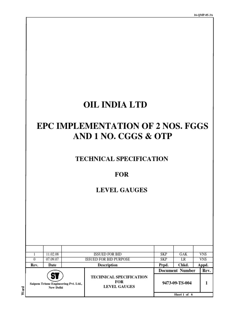 Level Gauge Technical Specifications | PDF | Specification (Technical ...
