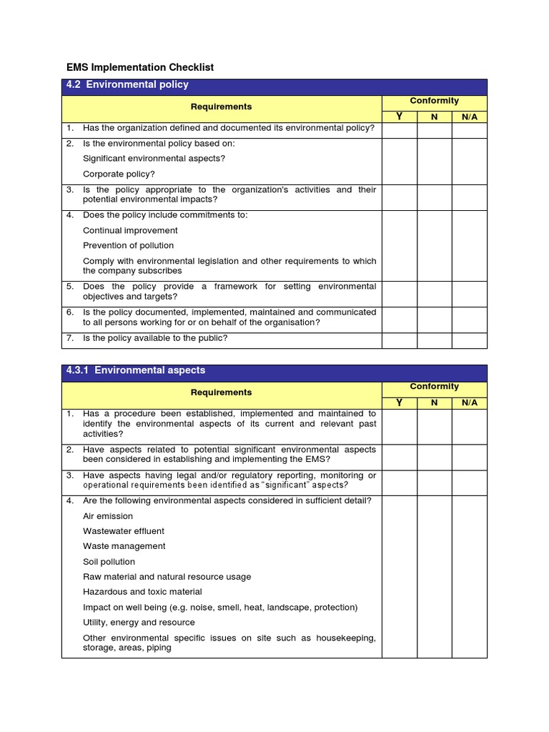 ISO 14001 EMS Implementation Checklist | PDF | Audit | Internal Audit