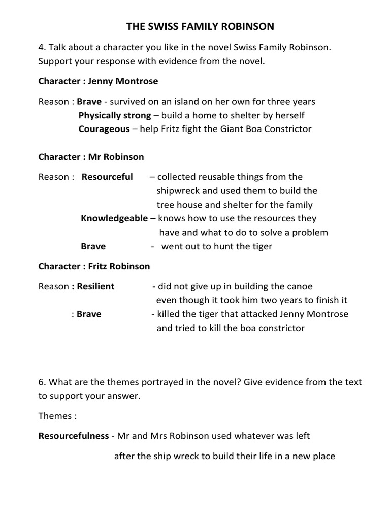 The Swiss Family Robinson Question Card | PDF | History | General Fiction