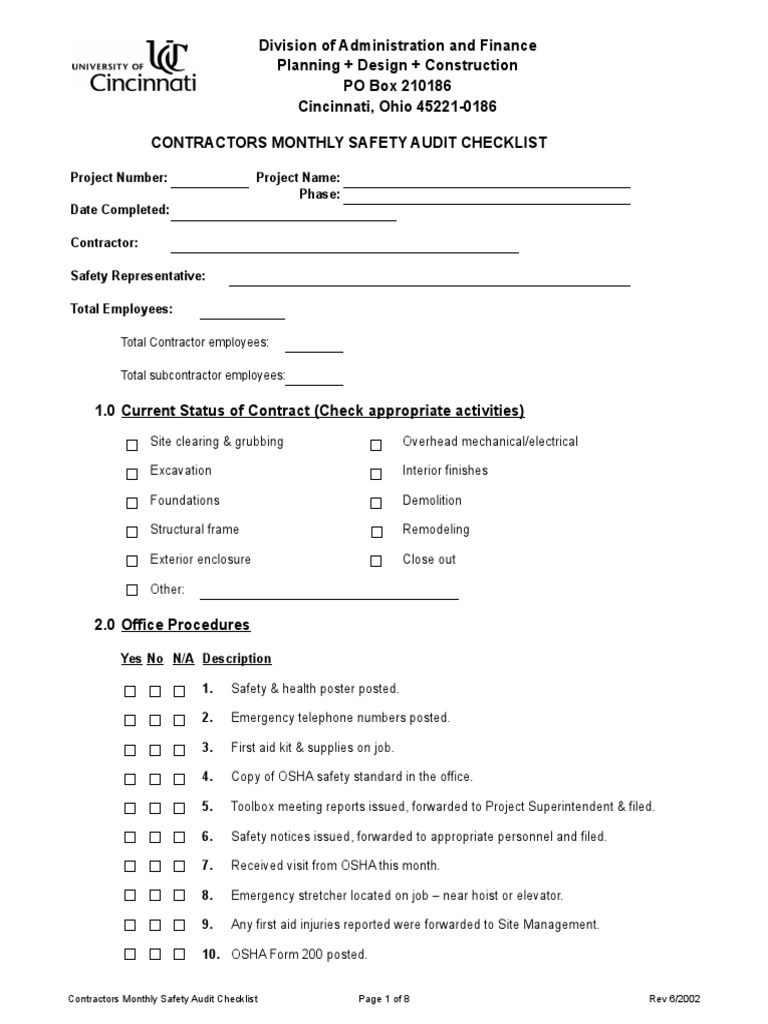 Contractors Monthly Safety Audit Checklist | PDF | Scaffolding | Industries