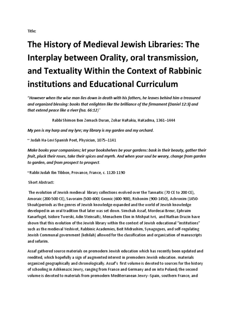 Levy 2013 The History of Medieval Jewish Libraries | PDF | Torah | Talmud