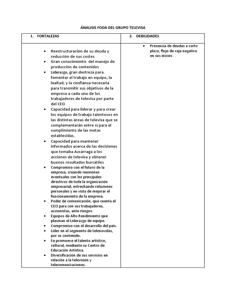 Análisis FODA Televisa | PDF | Análisis FODA | Liderazgo Análisis FODA Televisa | PDF | Análisis FODA | Liderazgo