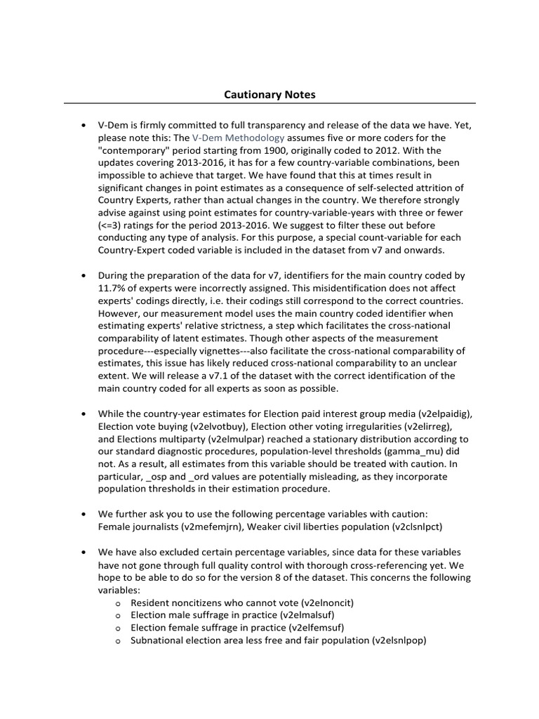 Cautionary Notes: V-Dem Methodology | PDF | Initiative | Standard Deviation