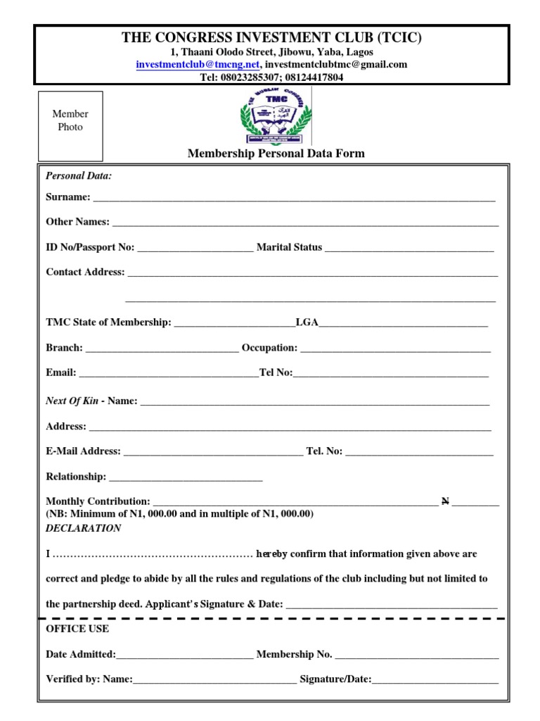 TCIC Membership Form Latest PDF | PDF