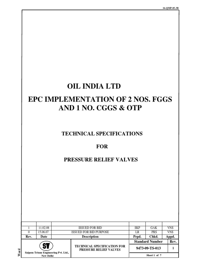 Technical Specification For Pressure Relief Valves PDF | PDF | Valve ...