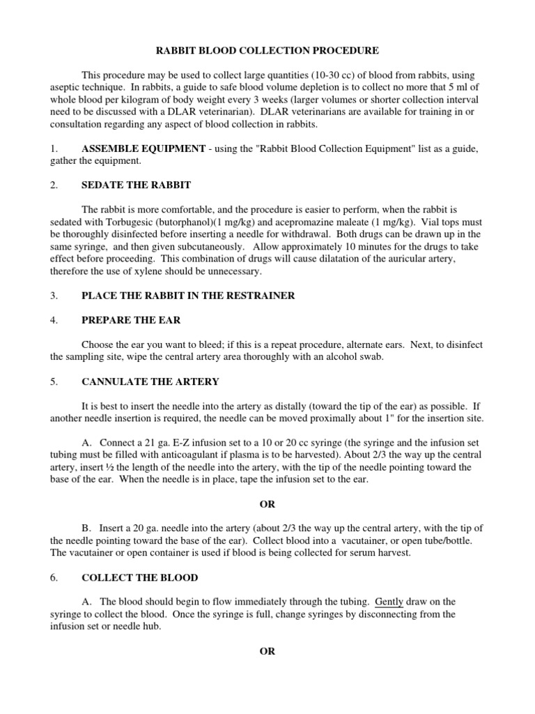 Procedure Rabbit Blood Collection | Intravenous Therapy | Blood