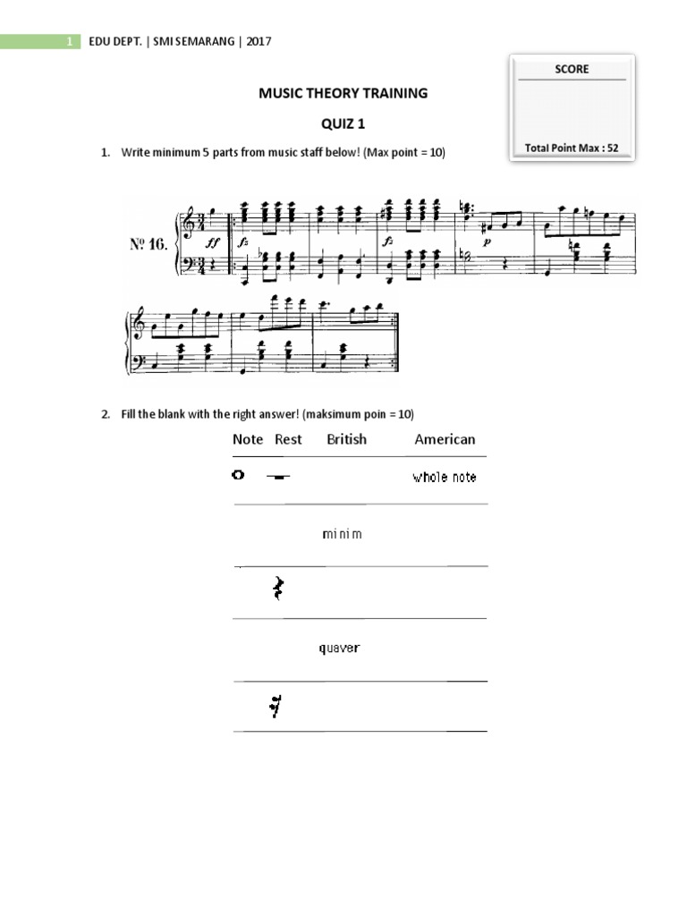 Music Theory Training Quiz 1: Note Rest British American | PDF