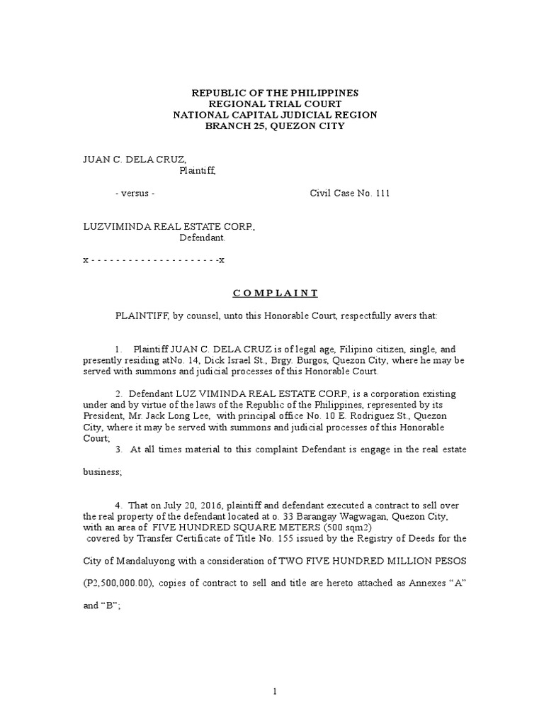 274393770 Specific Performance Complaint | Complaint | Government