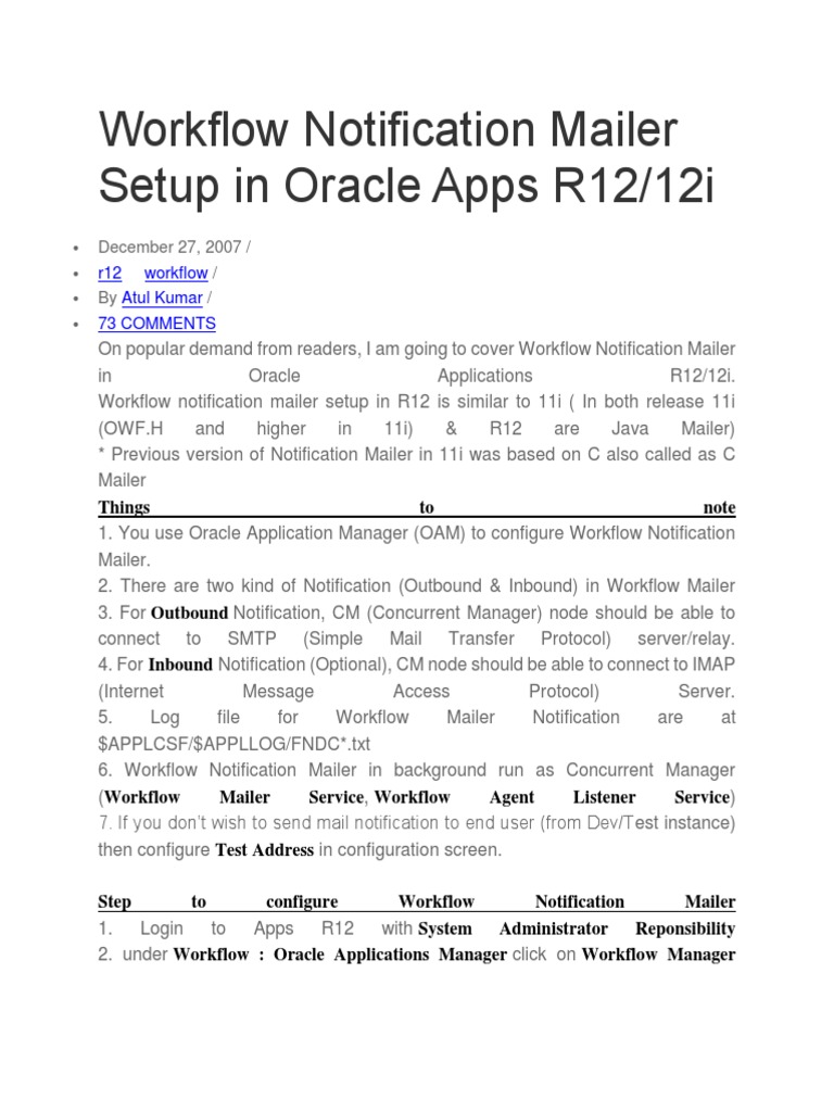 Workflow Notification Mailer Setup In Oracle Apps R12 Pdf Internet Standards Online Services