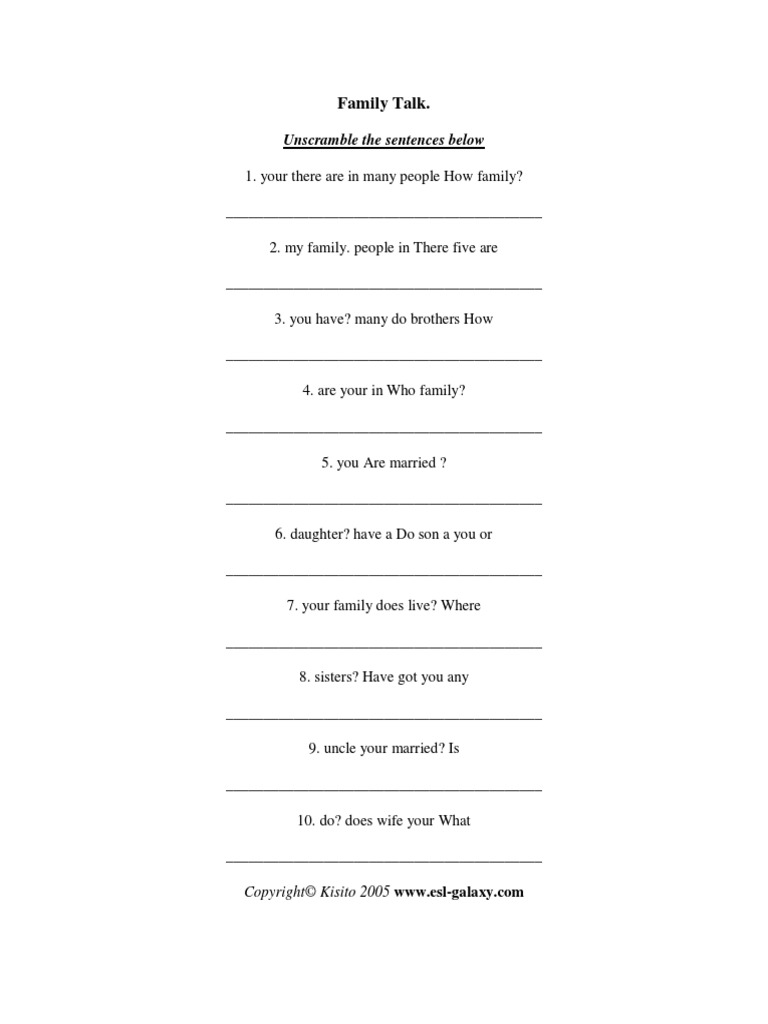 Family Sentence Scramble PDF | PDF | Career & Growth | Wellness