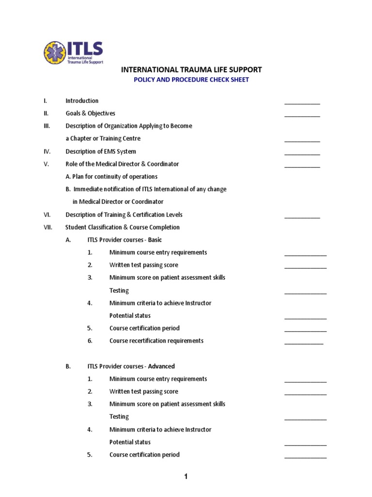 ITLS Checklist | Educational Assessment | Emergency Medical Services