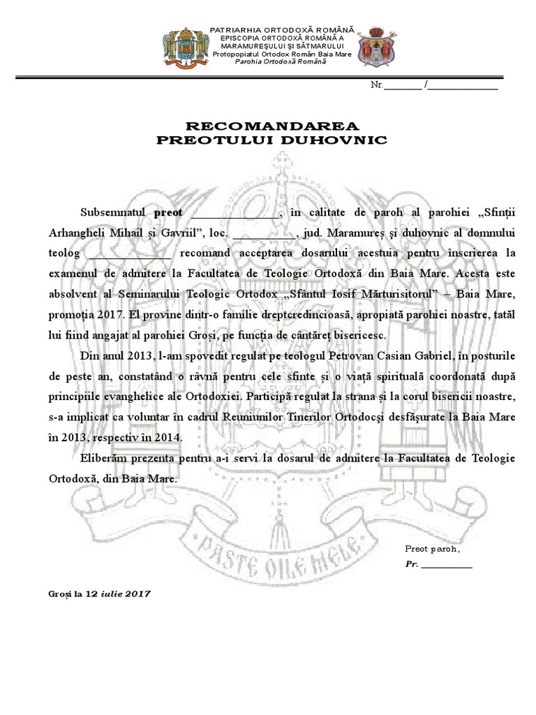 Recomandare Preot Duhovnic Pentru Admitere La Facultatea de Teologie Up