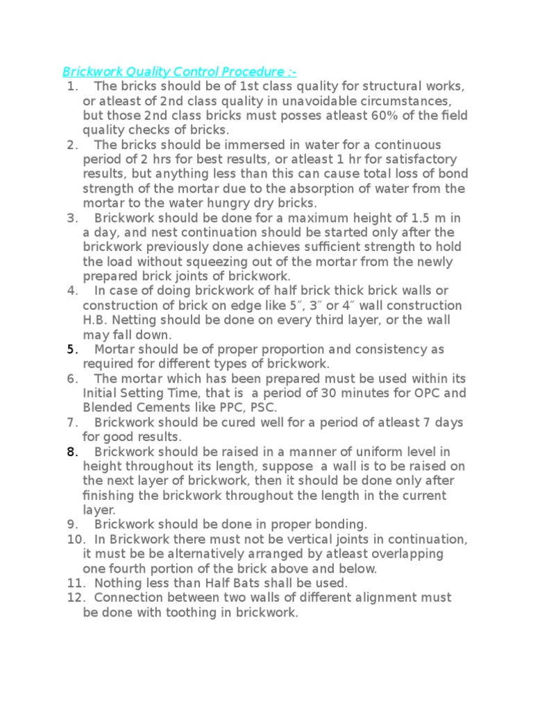 Brickwork Quality Control Procedure | PDF
