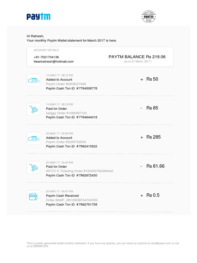Paytm Statement Mar2017 7021704136 | PDF | Finance & Money Management