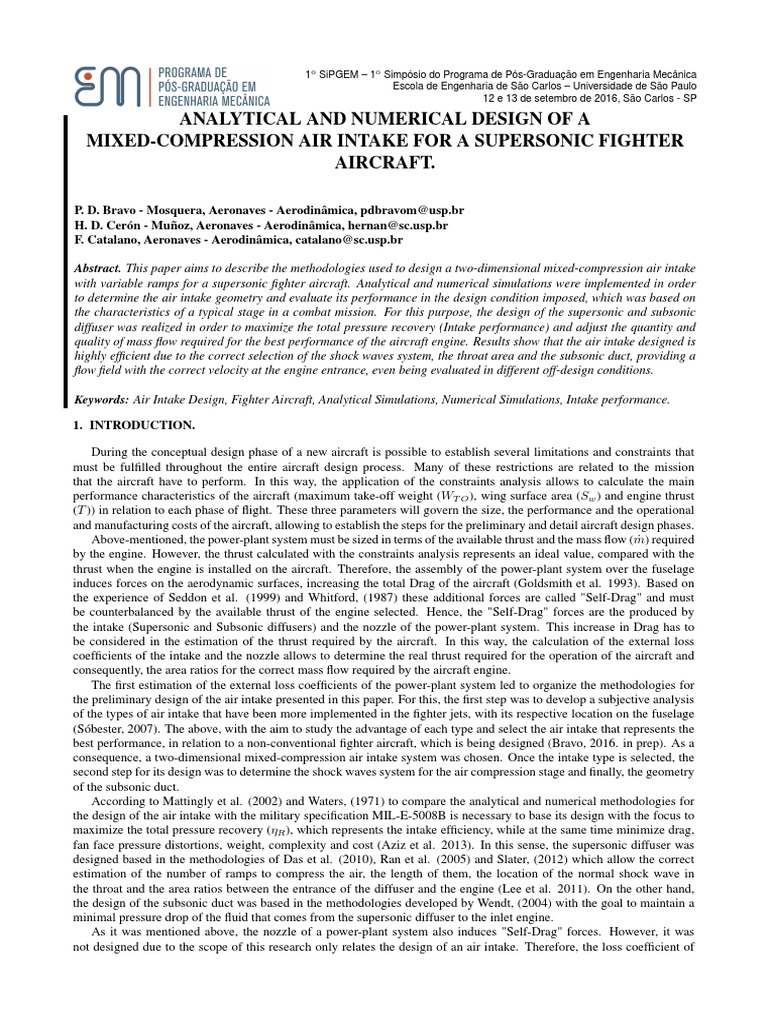 Analytical and Numerical Design of A Mixed-Compression Air Intake For A ...