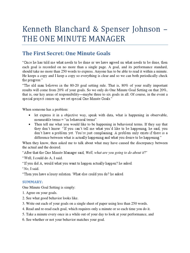 Kenneth Blanchard - The One Minute Manager | PDF | Goal Setting | Behavior